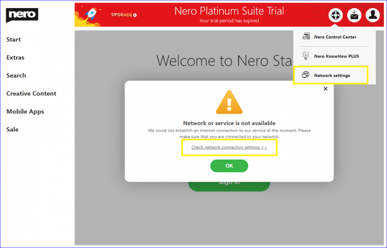 Nero Start check fix “Network or service is not available”
