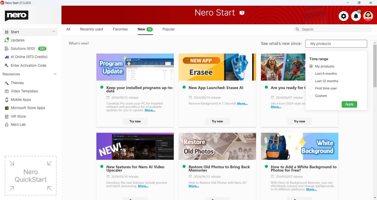 Nero Start Versionsinformationen – 27.5.21.0 – Nero Knowhow